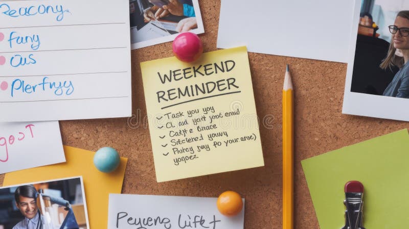 Weekend Reminder on a Sticky Note Pinned To an Office Cork Board Stock ...
