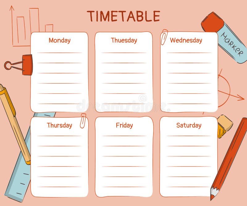 Weekly Class Timetable Template for Study or Work with Subjects for ...