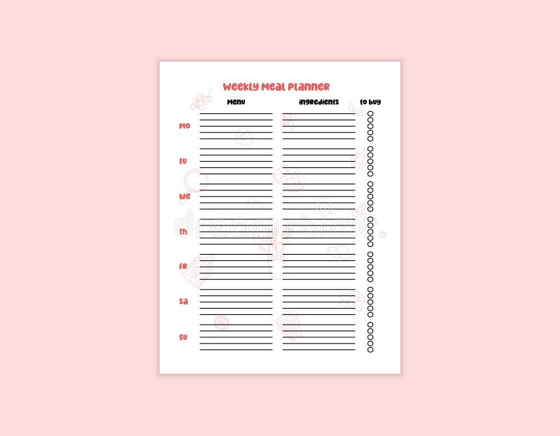 Weekly Meal Planner Printable Page. Vector Template of Cooking Plan and ...