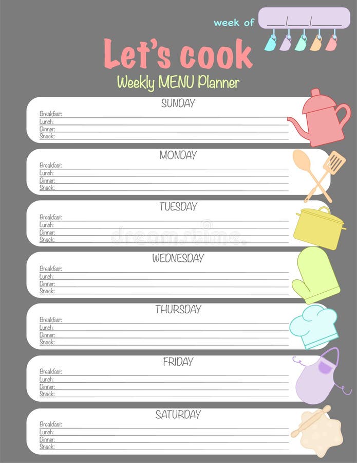 Weekly Menu Planner Template. Meal Schedule Blank Stock Vector ...