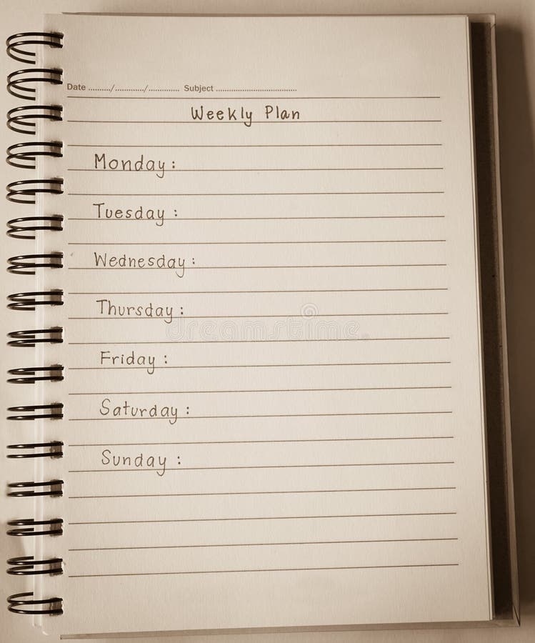 Weekly plan on notebook stock image. Image of burlap - 72521157