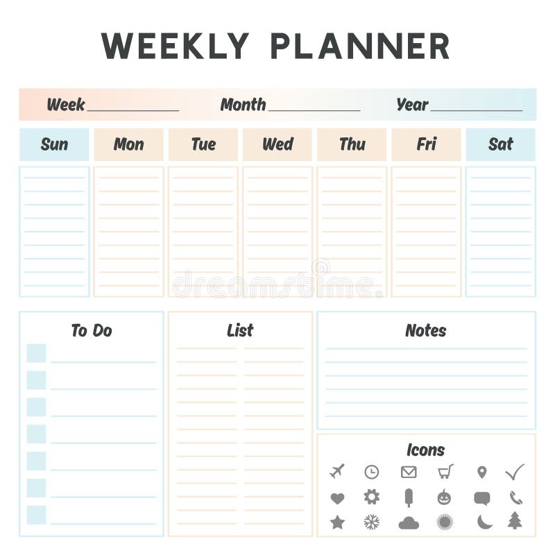 Weekly Planner Design Template Stock Vector - Illustration of letter ...
