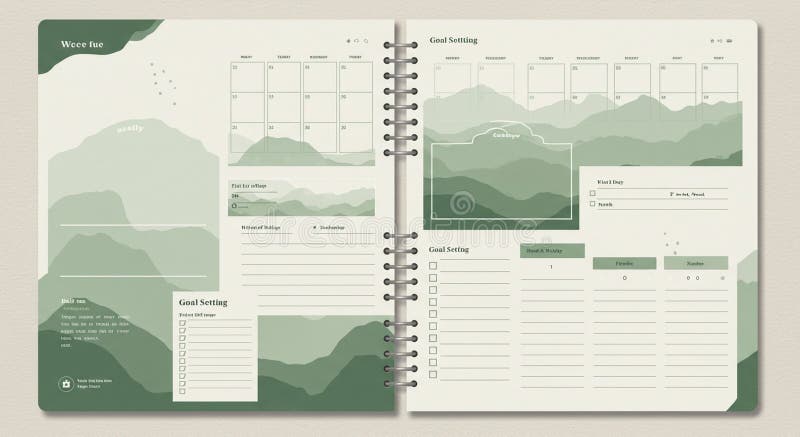 Weekly Planner with a Green, Mountain-themed Design. the Two-page ...
