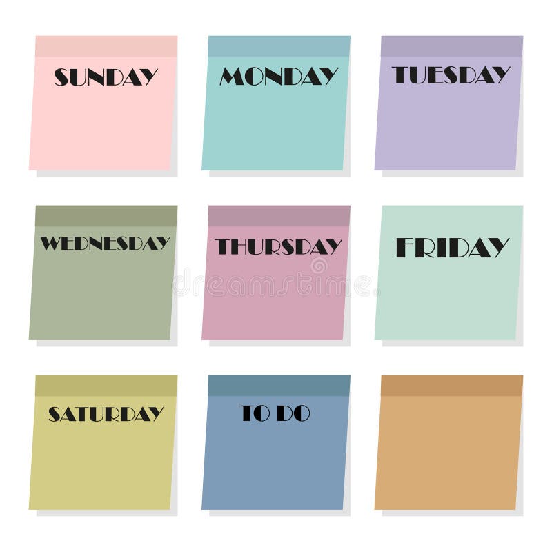 Weekly Planner Icons. Colorful Sticky Notes. Days of Week. Vector ...