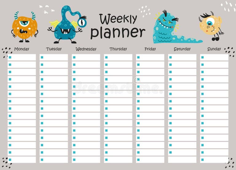 Weekly Planner with Monsters Stock Vector - Illustration of character ...