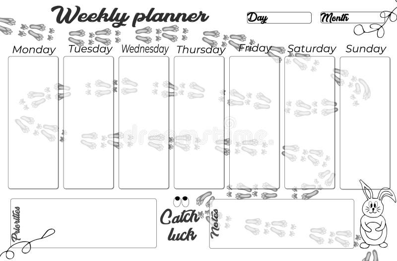 Weekly Planner, Organizer with Rabbit, Bunny and Paws Stock Vector ...