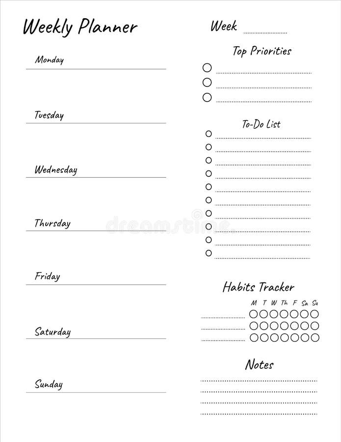 Weekly Planner Printable Template Vector. Blank White Notebook Page ...