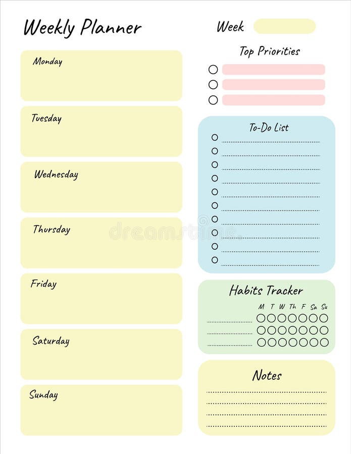 Weekly Planner Printable Template Vector. Blank White Notebook Page ...