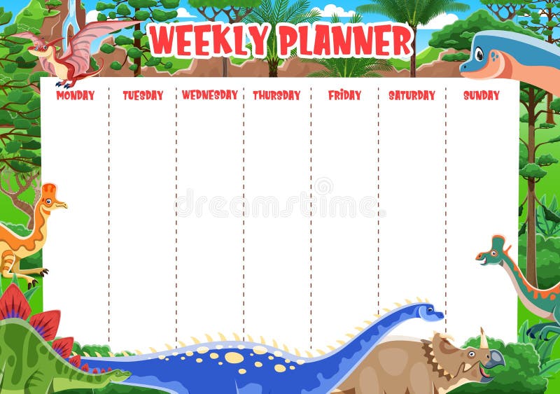 Weekly Planner Schedule, Cartoon Funny Dinosaurs Stock Vector ...