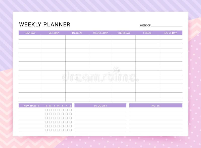 Weekly Planner. Timetable Homework Template. Vector Illustration Stock ...
