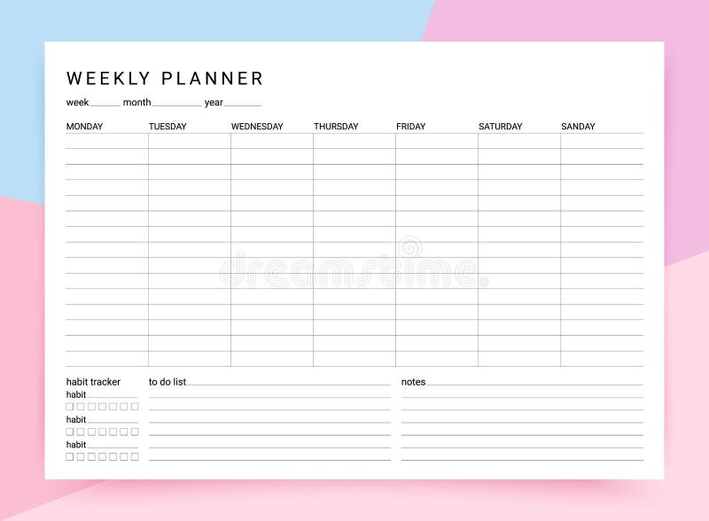 Weekly Planner. Schedule Homework Template. Vector Illustration Stock ...