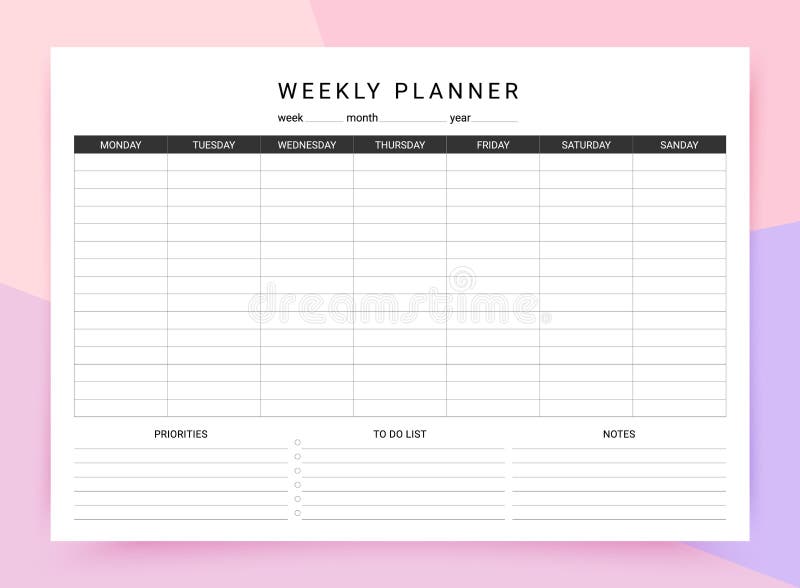 Weekly Planner. Simple Timetable Template. Vector Illustration Stock ...