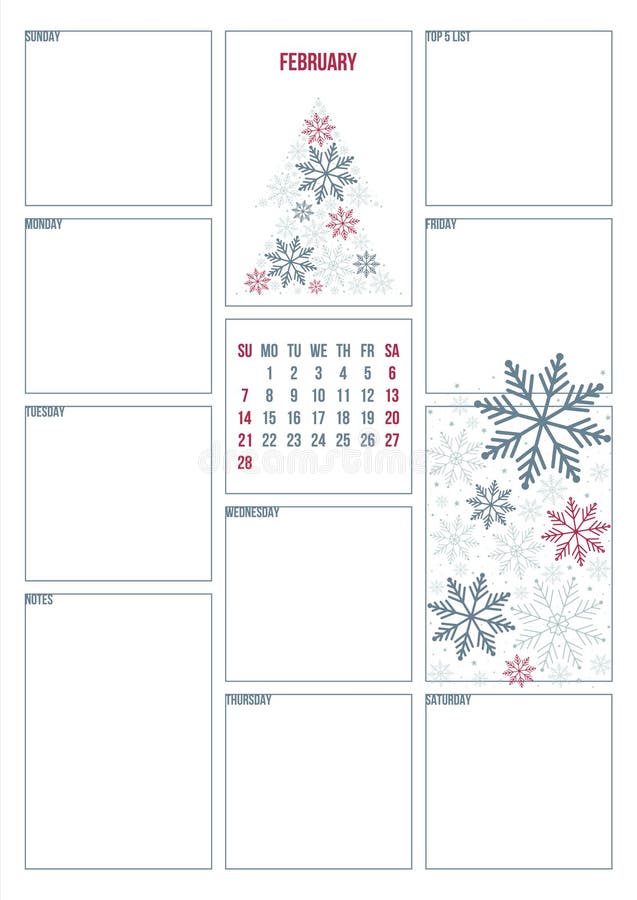 Weekly Planner with Snowflakes Design and with the Calendar February ...
