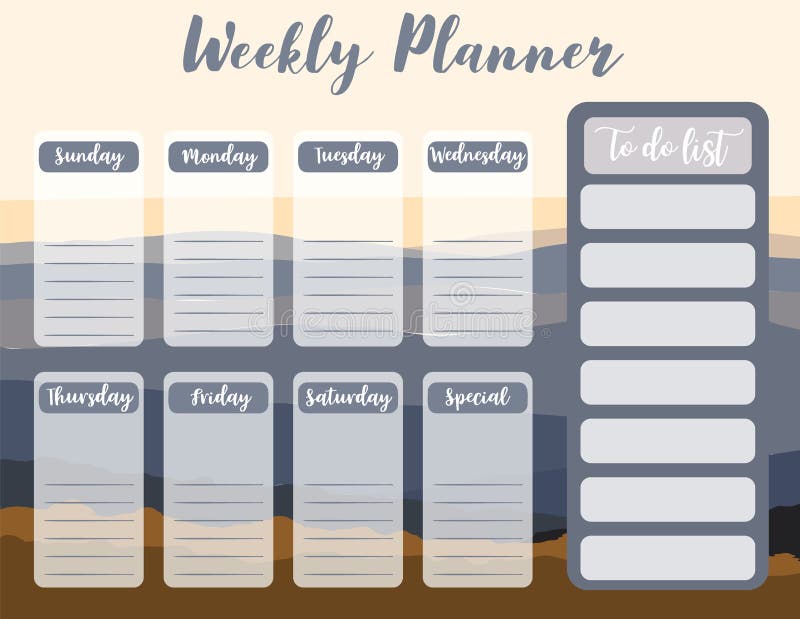 Weekly Planner Start on Sunday with Mountain,sun,to Do List that Use ...