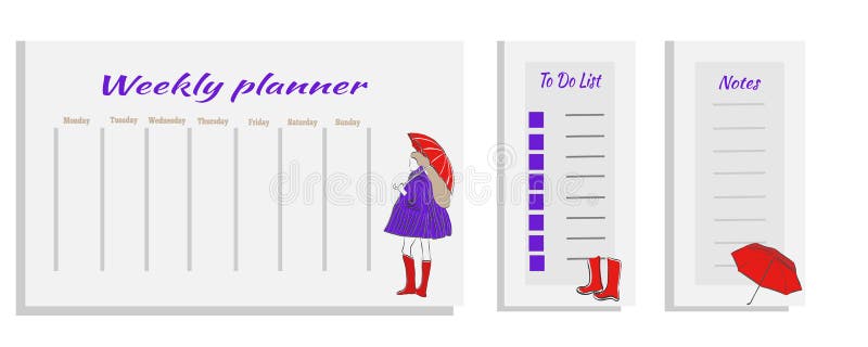 Weekly Planner Template Concept with Girl with Umbrella. Stock ...