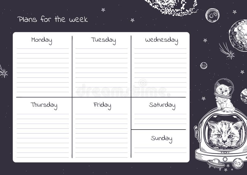 Weekly Planner Template. Funny Cats Astronauts. Animals in Space Stock ...