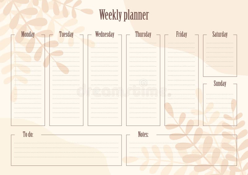 Weekly Planner Template. Leaves Pattern. Vector Design. Stock Vector ...