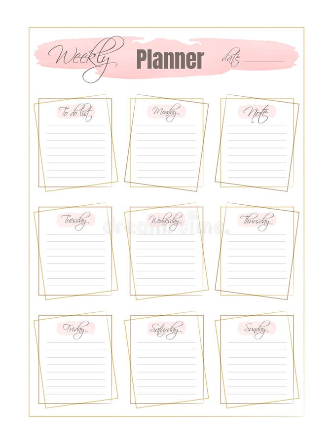 Weekly Planner. Template. Paper Sheet. Pink Dream. Stock Vector - Illustration of blank, memo ...