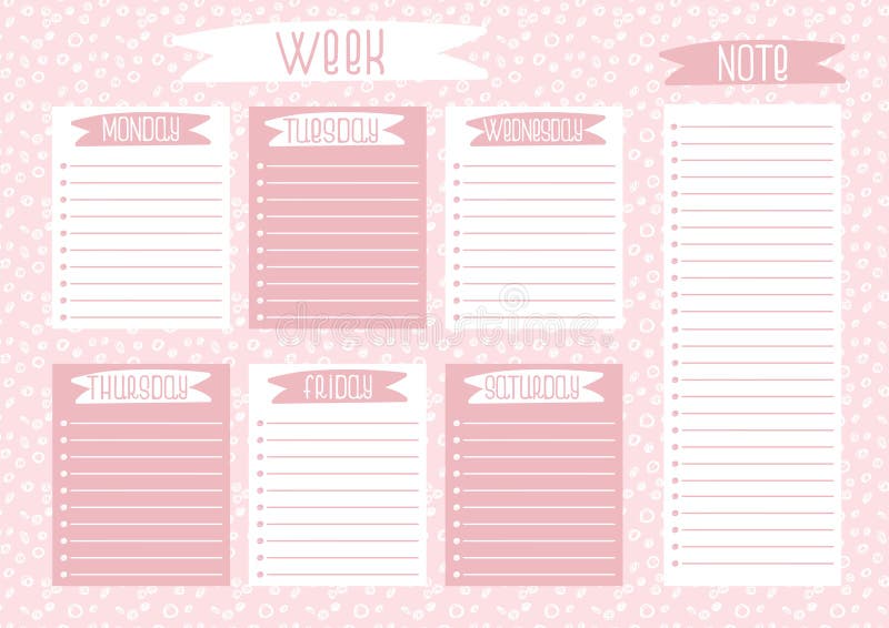 Weekly Planner Template on Pink Doodle Background. Week Timetable with ...