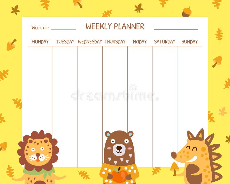 Weekly Planner Template, School Timetable Design with Cute Animals ...
