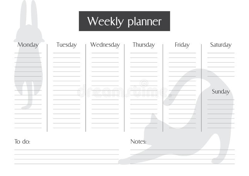 Weekly Planner Template. Simple Cats Silhouettes. Vector Design Stock ...