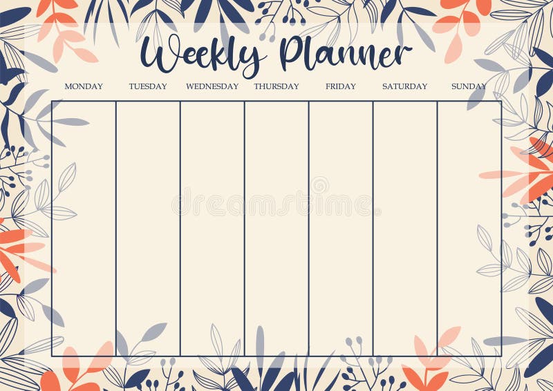 Weekly Planner Template for Study with Floral Elements. Business ...