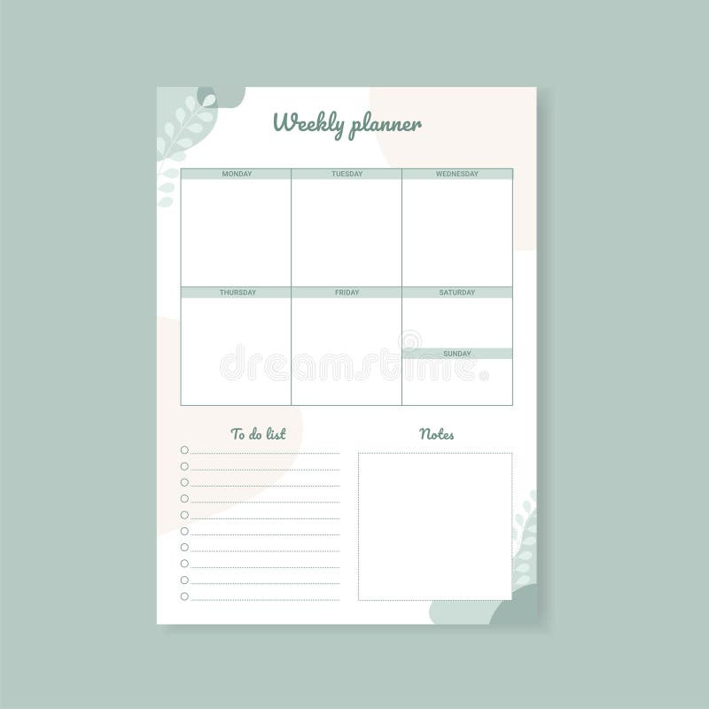Weekly Planner Template Vector. Blank White Notebook Page A4 Stock ...