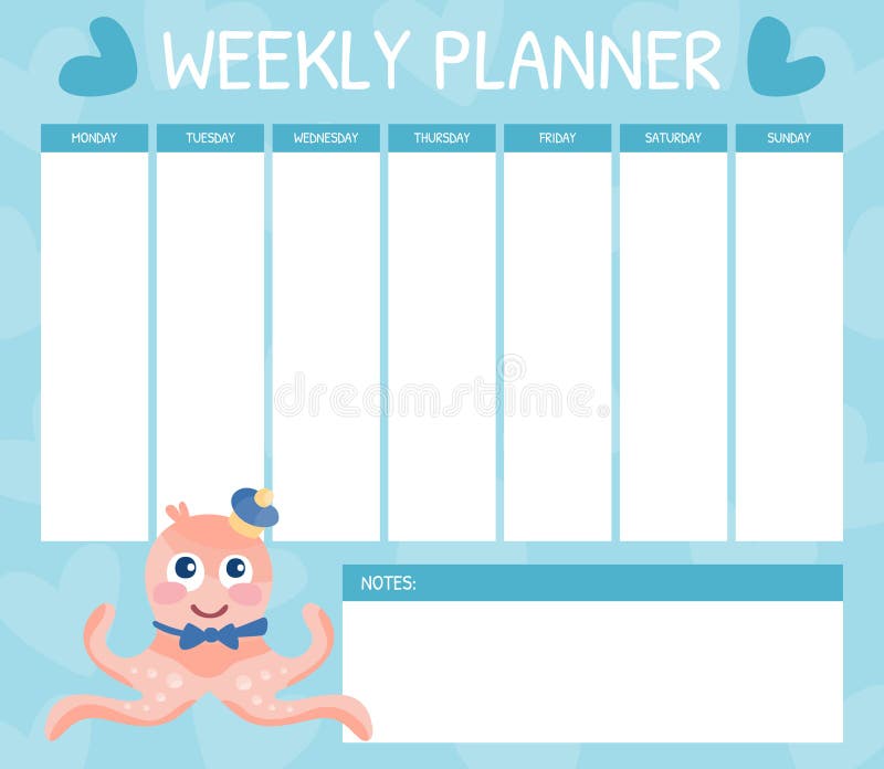 Weekly Planner, Timetable for Elementary School Vector Illustration ...