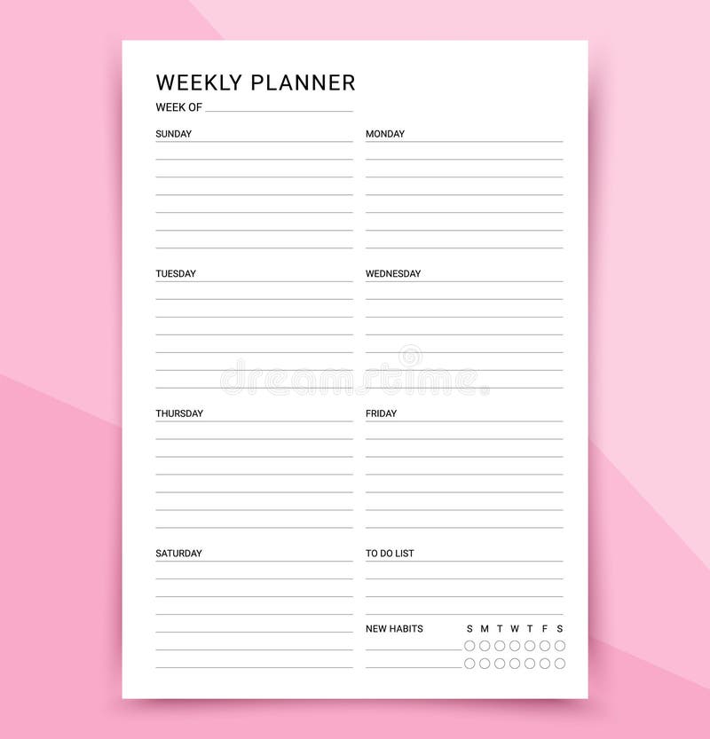 Weekly Planner. Timetable Homework Template. Vector Illustration Stock ...