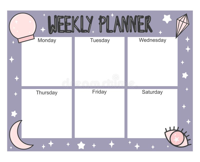 Cute Weekly Planner Vector Design Illustration with Cartoon Moon, Stars ...