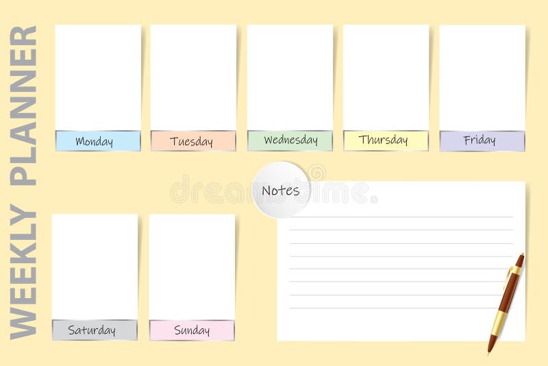 Weekly Planner on the Yellow Background with a Pen and White Charts ...