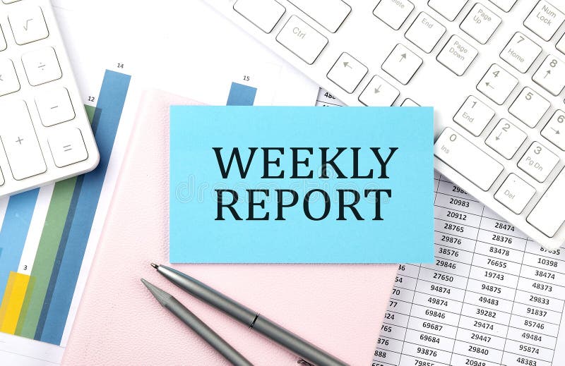 WEEKLY REPORT Text on Blue Sticker on Chart with Calculator and ...