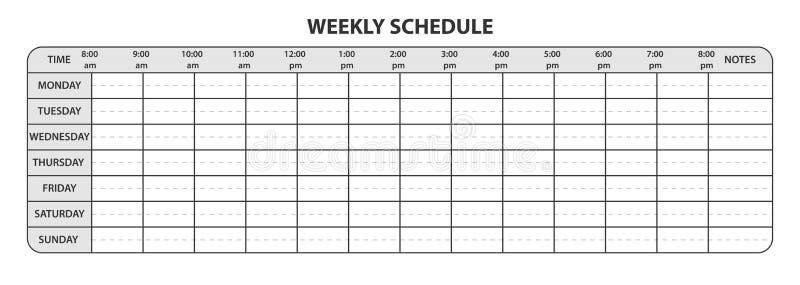 Weekly Schedule with Working Hours and Extra Space for Notes Stock ...