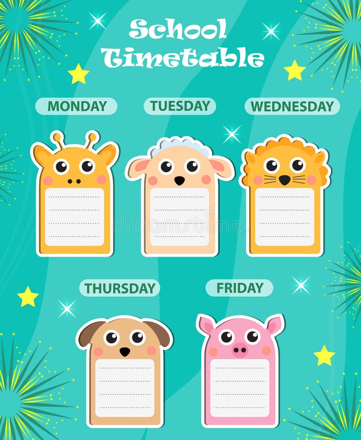 Weekly School Timetable Template with Cute Design Elements. Weekday ...