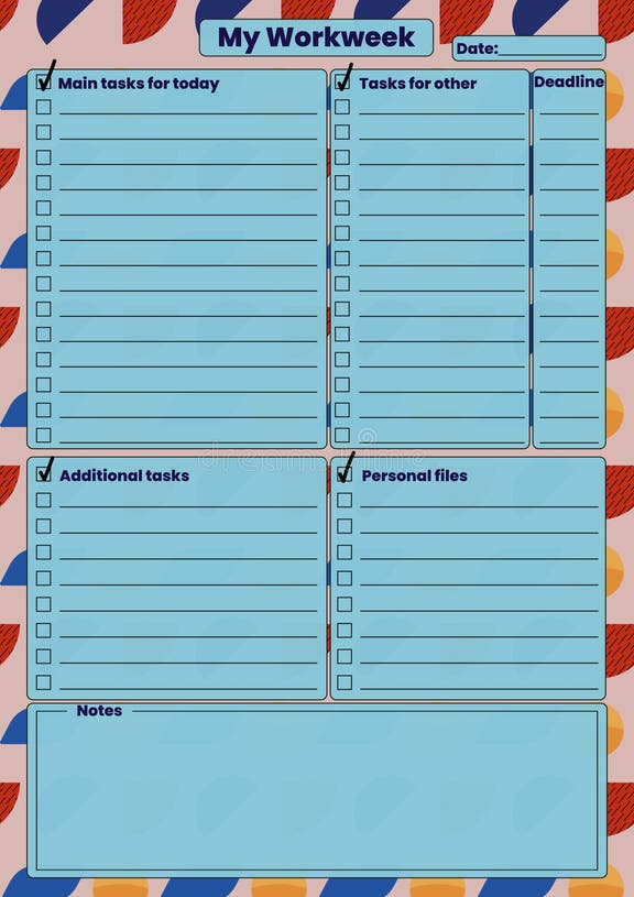 Weekly Task Work Planner with Checklist and Notes Section Stock ...