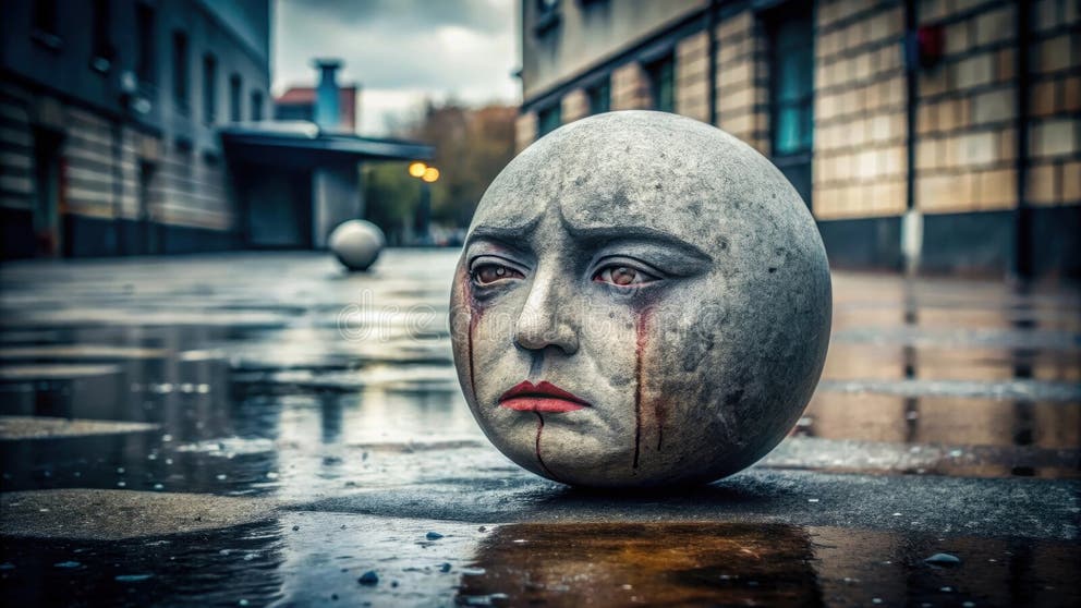 A Weeping Stone Face Resting on a Wet Pavement after a Rain. Generative ...