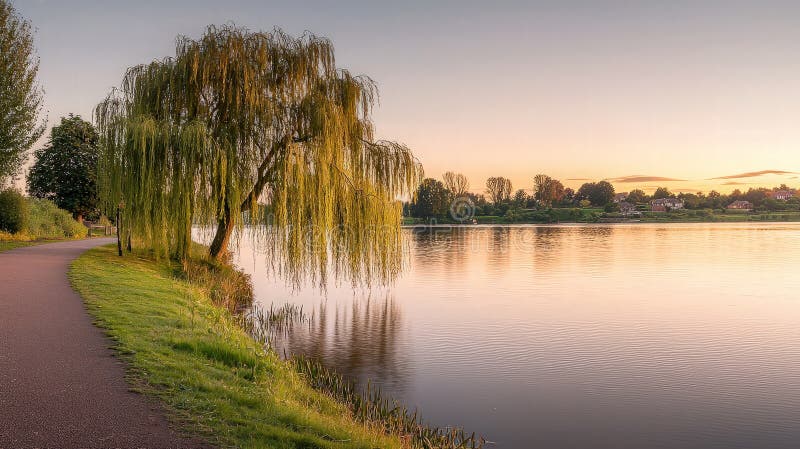 Weeping Willow Lake Sunset Path Walk Stock Photo - Image of picturesque ...