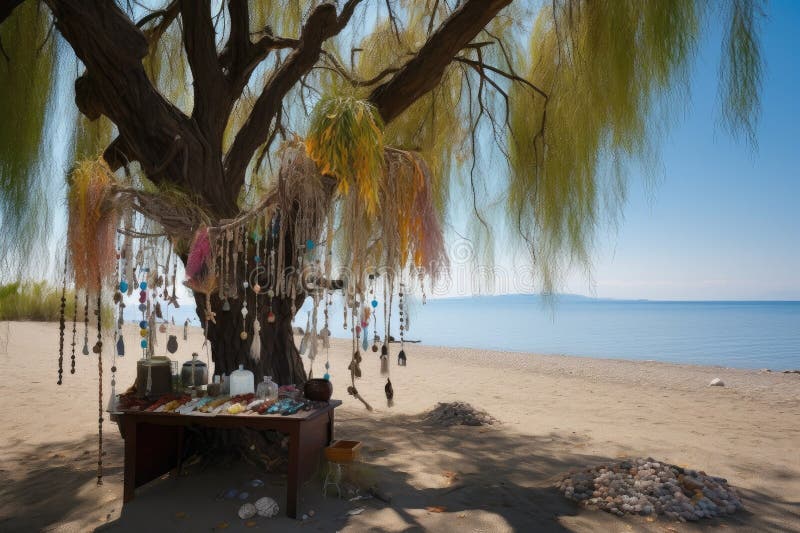 Weeping Willow Tree by the Beach, with Treasures Hanging in Its ...