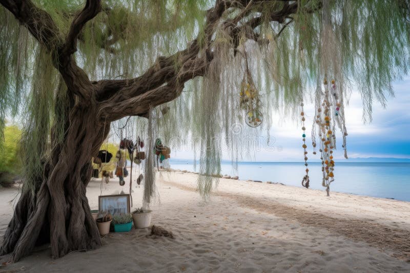 Weeping Willow Tree by the Beach, with Treasures Hanging in Its ...