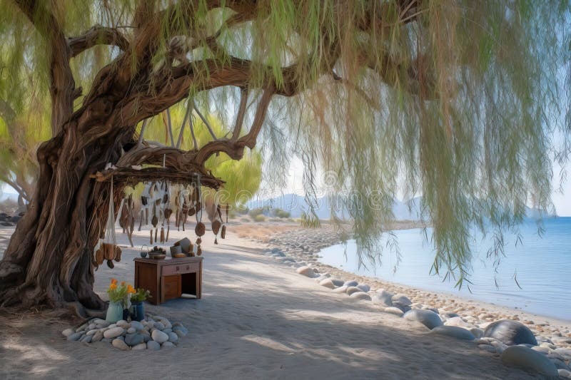 Weeping Willow Tree by the Beach, with Treasures Hanging in Its ...