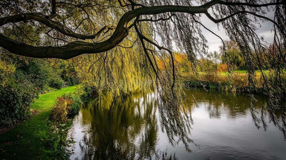 Weeping Willow Tree Branches Hang Over a Still River with Fall Foliage ...