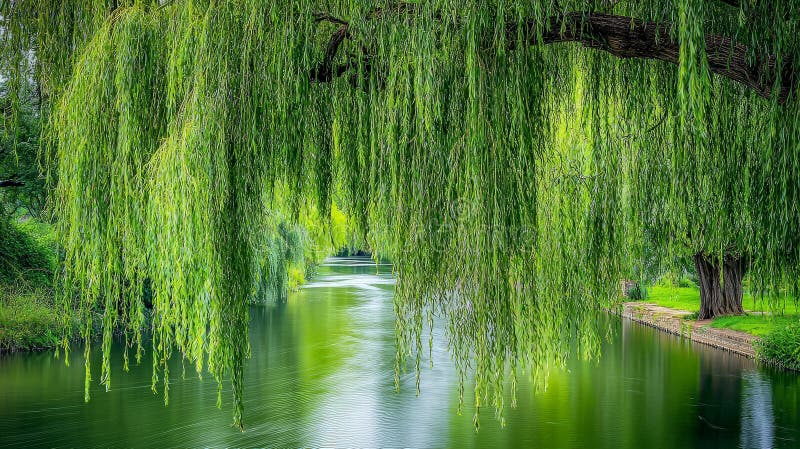 Weeping Willow Tree Branches Hanging Over Calm Water Stock Photo ...