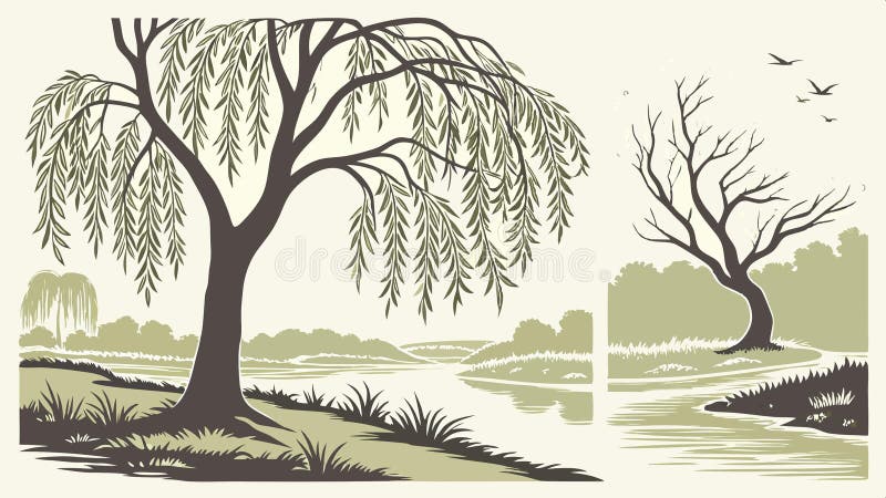 Weeping Willow Tree, Elegant Nature, Graceful Tree Illustration Vector ...