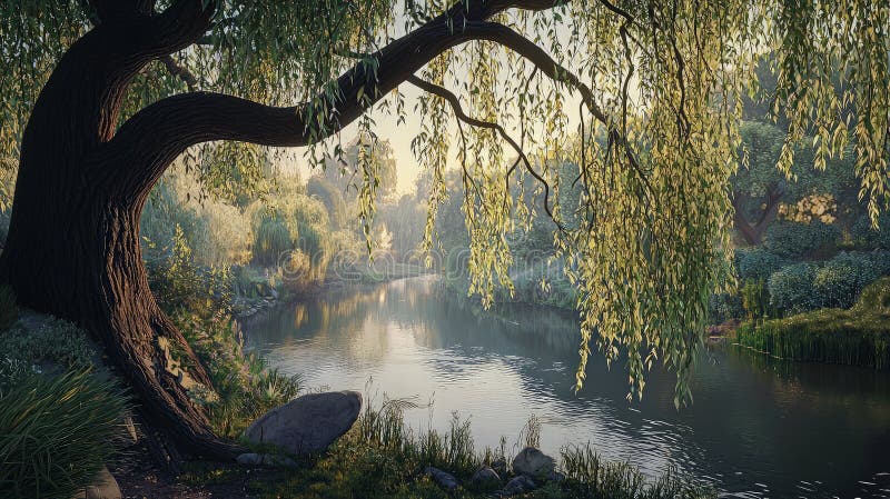 A Weeping Willow Tree Hangs Over a Tranquil River in a Misty Forest ...