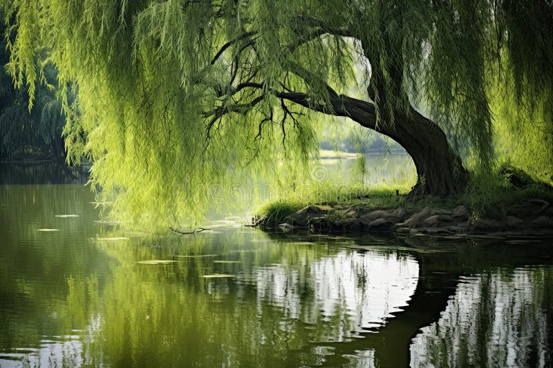 Weeping Willow Tree Reflected in the Lake with Reflection in Water, AI ...