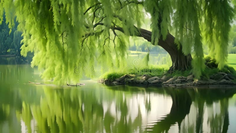Weeping Willow Tree Reflected in the Lake with Reflection in Water, AI ...