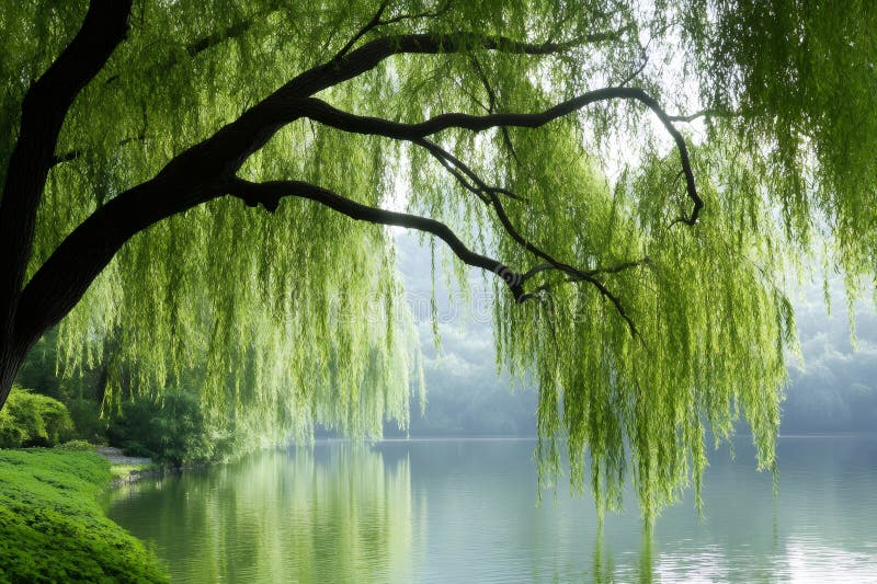 Weeping Willow Tree Reflecting in a Calm Lake in Spring Stock ...