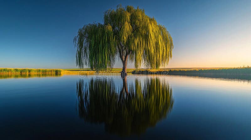 Weeping Willow Tree Reflection in Calm Water at Sunrise Stock ...