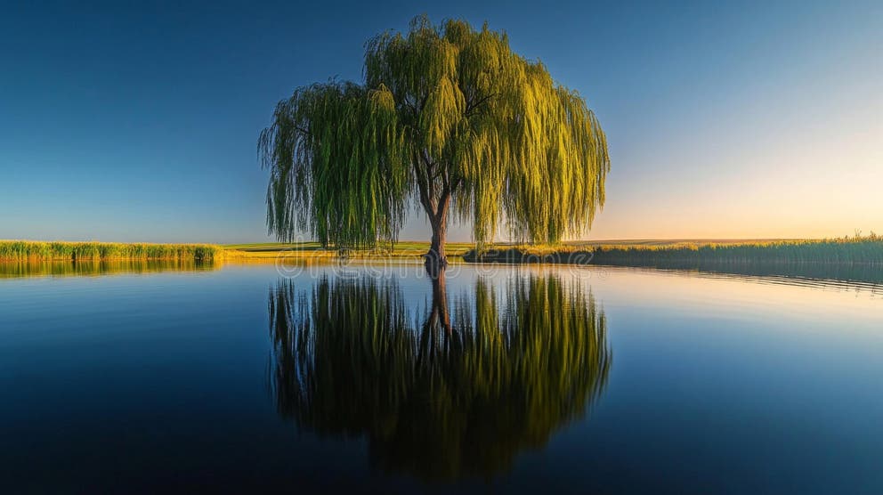 Weeping Willow Tree Reflection in Calm Water at Sunrise Stock ...