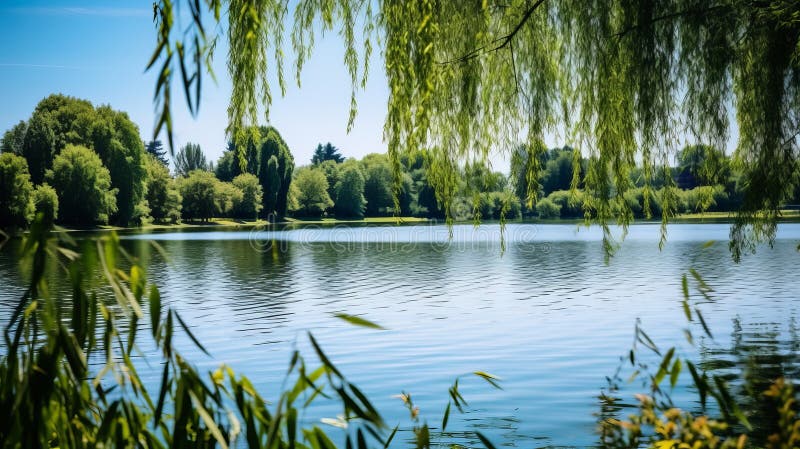 Weeping Willow Trees and Still Lake in Nature Stock Illustration ...